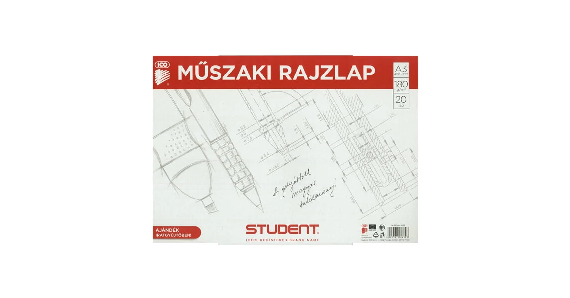 ICO Student rajzpapír, műszaki rajzlap csomag (dipa), 180 g - A3, 20 db ...
